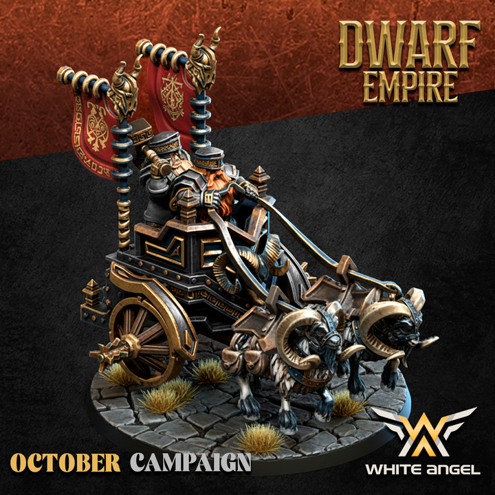 3D Printable DWARF CHARIOT - DWARF EMPIRE (OCTOBER 2025 CAMPAIGN) by WHITE ANGEL GAMES, S.L.